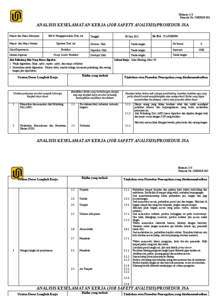 JSA Mengoperasikan Truk Air | PDF