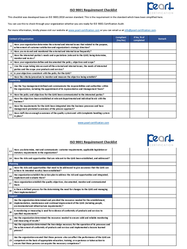 Iso-9001-Requirements-Checklist - Pearl Certification | PDF | Quality ...