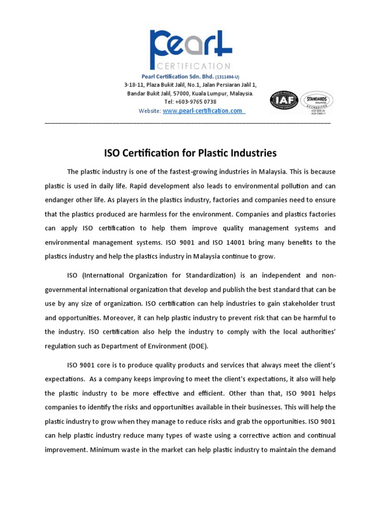 ISO Certification For Plastic Industries - ISO 9001 ISO 14001 | PDF ...