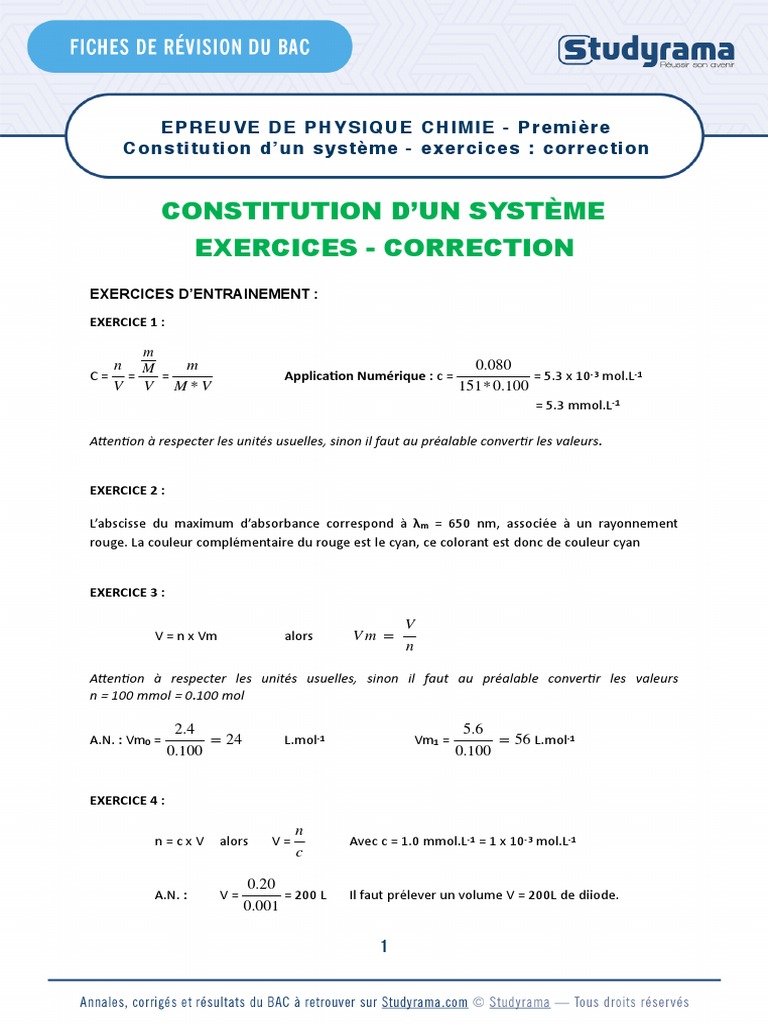Fiche de Revision Physique Chimie 2021 Premiere Constitution D Un Systeme Exercices Correction ...