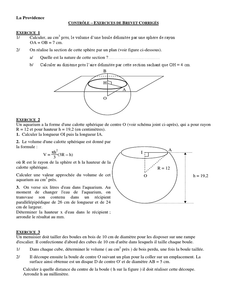 Chap 13 - CONTROLE - EXERCICES DE BREVET CORRIGES | PDF | Sphère | Le ...