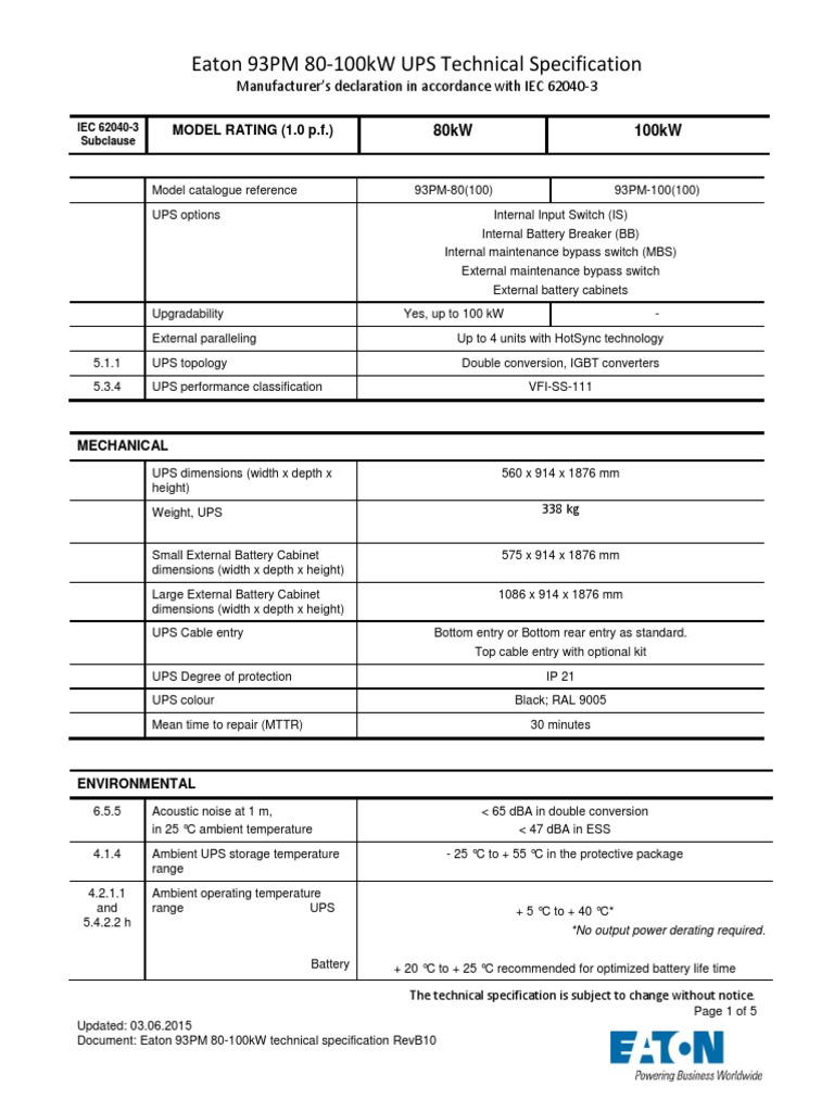 Eaton 93PM 80-100kW UPS Technical Specification | PDF | Rectifier ...