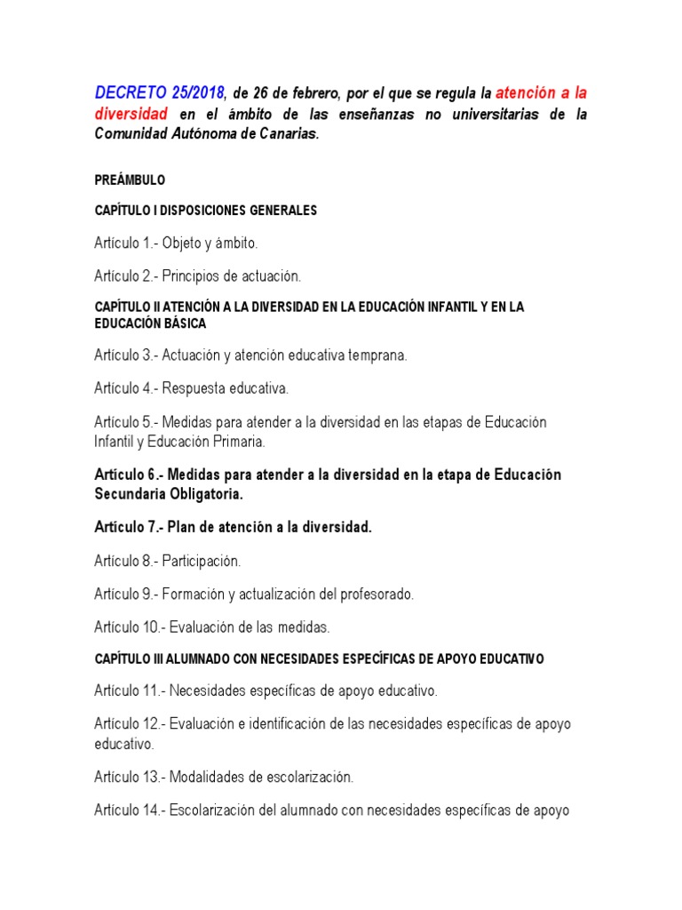 Decreto 25-2018 Resumen Atención A La Diversidad | PDF