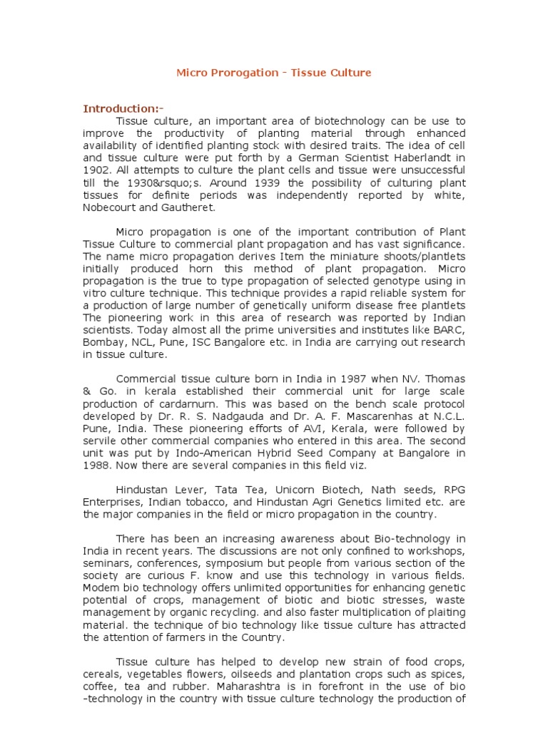 Micropropagation in Maharashtra: Current Status and Future Potential of Tissue Culture ...