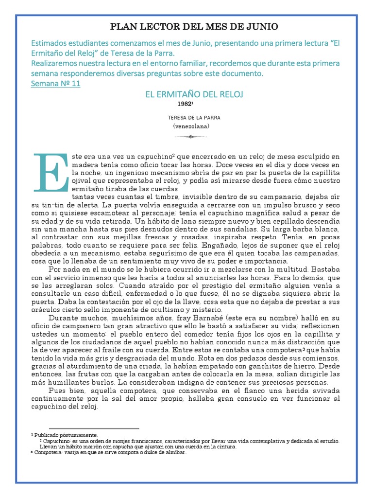 Plan Lector de La Sem-11 DPCC | Descargar gratis PDF | Reloj