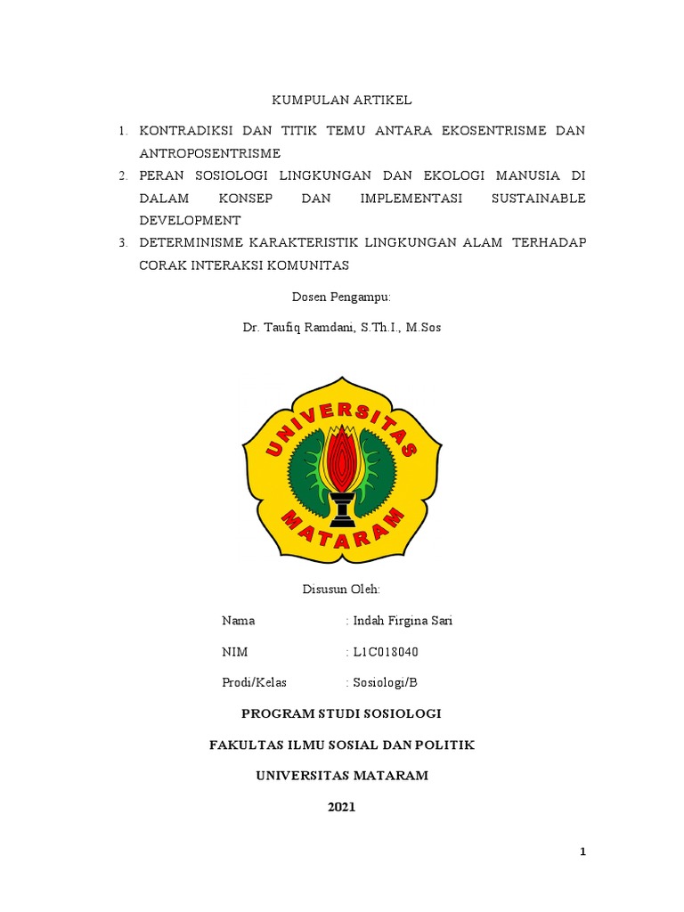 Kumpulan Artikel Indah Firgina Sari, Sosiologi Lingkungan, Prodi ...