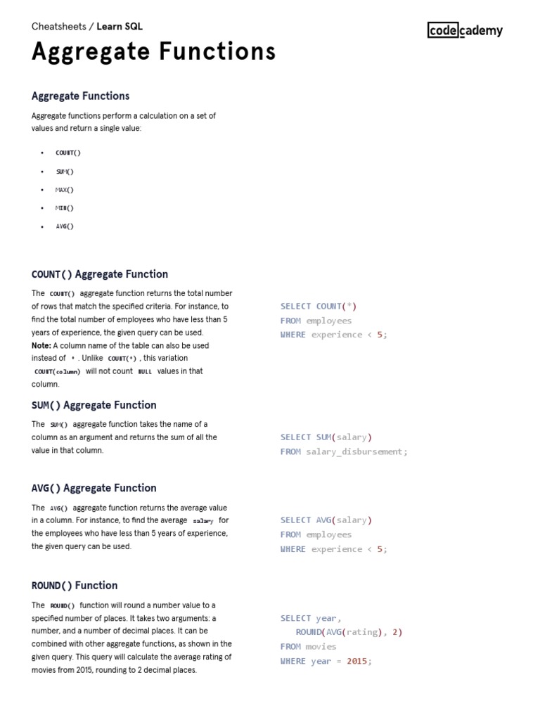 Learn SQL - Aggregate Functions Cheatsheet - Codecademy | PDF Learn SQL - Aggregate Functions Cheatsheet - Codecademy | PDF