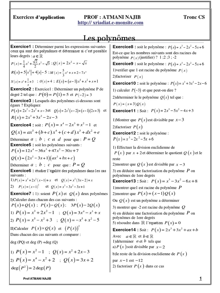 Les Polynomes Exercices Non Corriges 1 | PDF | Polynôme | Zéro d'une fonction