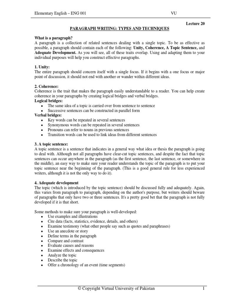 Lecture 20 (PARAGRAPH WRITING TYPES AND TECHNIQUES) | PDF | Paragraph ...
