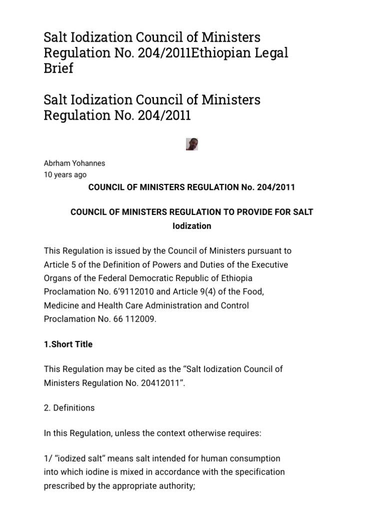 Ethiopia Salt Iodization Regulation 204/2011 | PDF | Packaging And ...