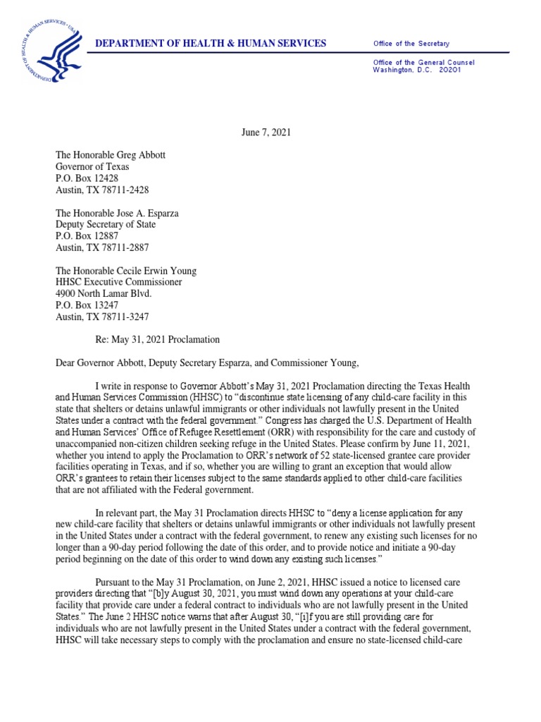 HHS Letter To TX 06-07-2021 | PDF | Federal Government Of The United ...