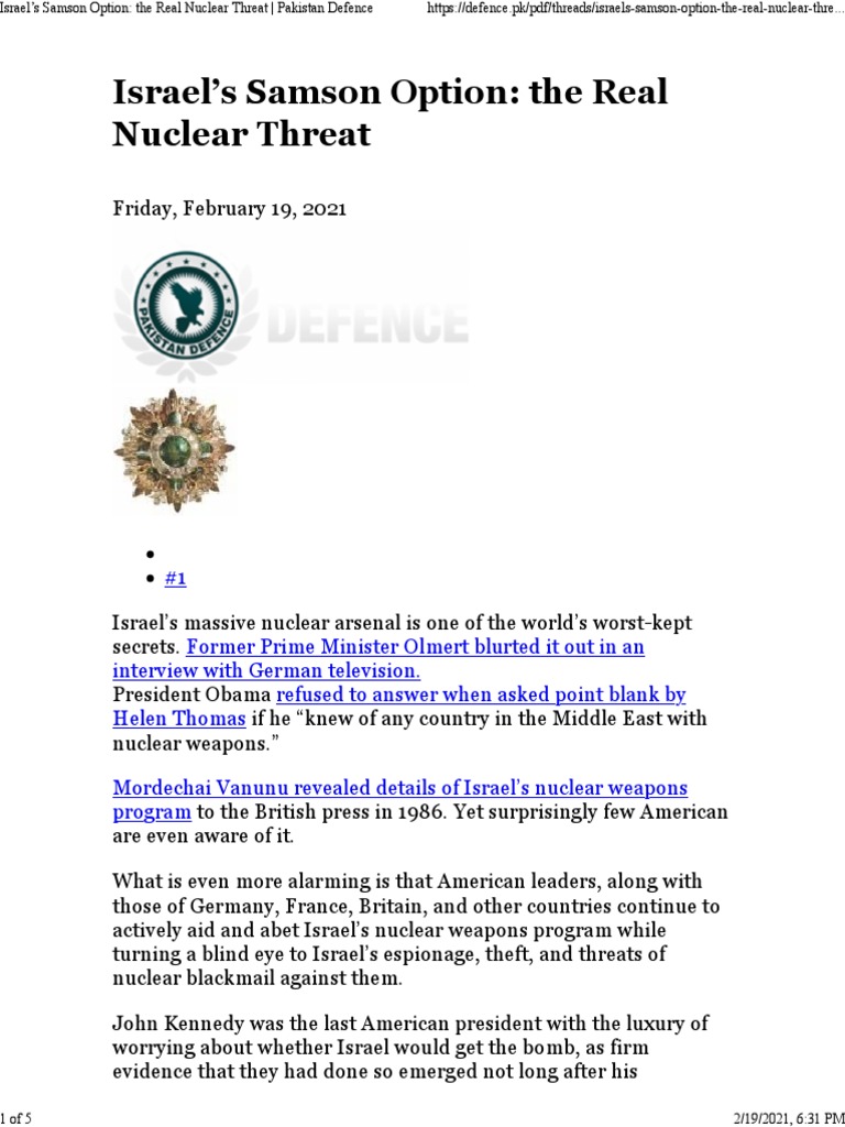 Israels Samson Option Nuclear Threat | PDF | Politics Of Israel | Israel
