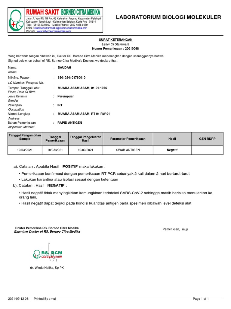 Hasil Pemeriksaan Rapid Antigen RS Borneo | PDF