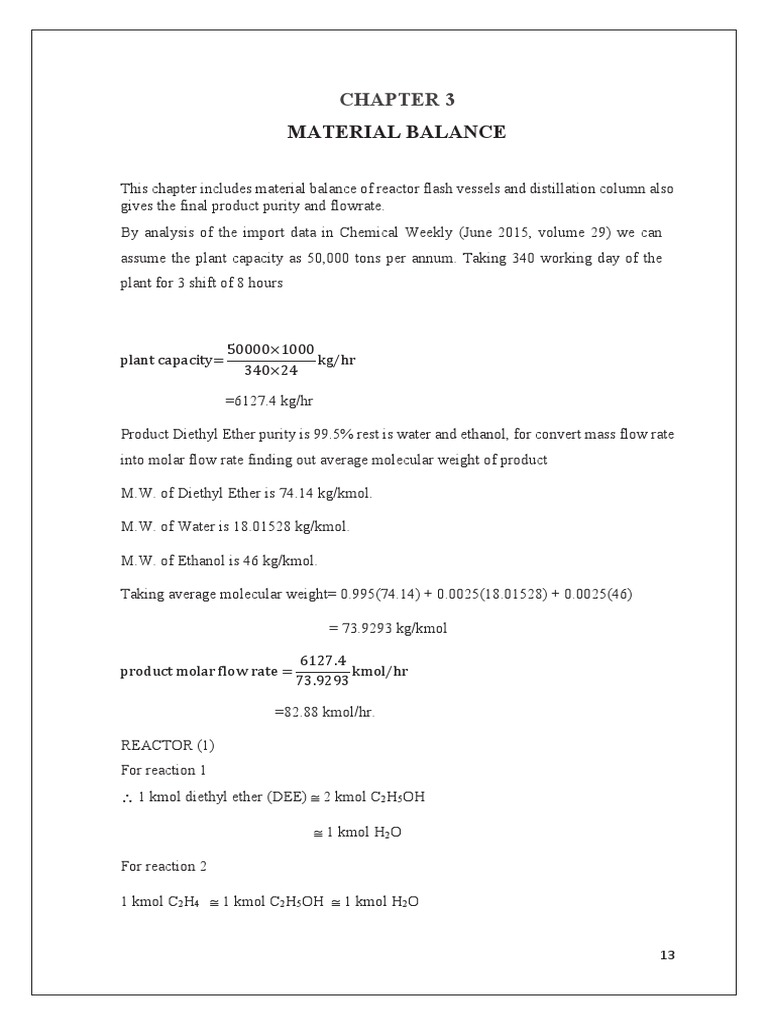 Diethyl Ether Material Balance | PDF | Ethanol | Mole (Unit)