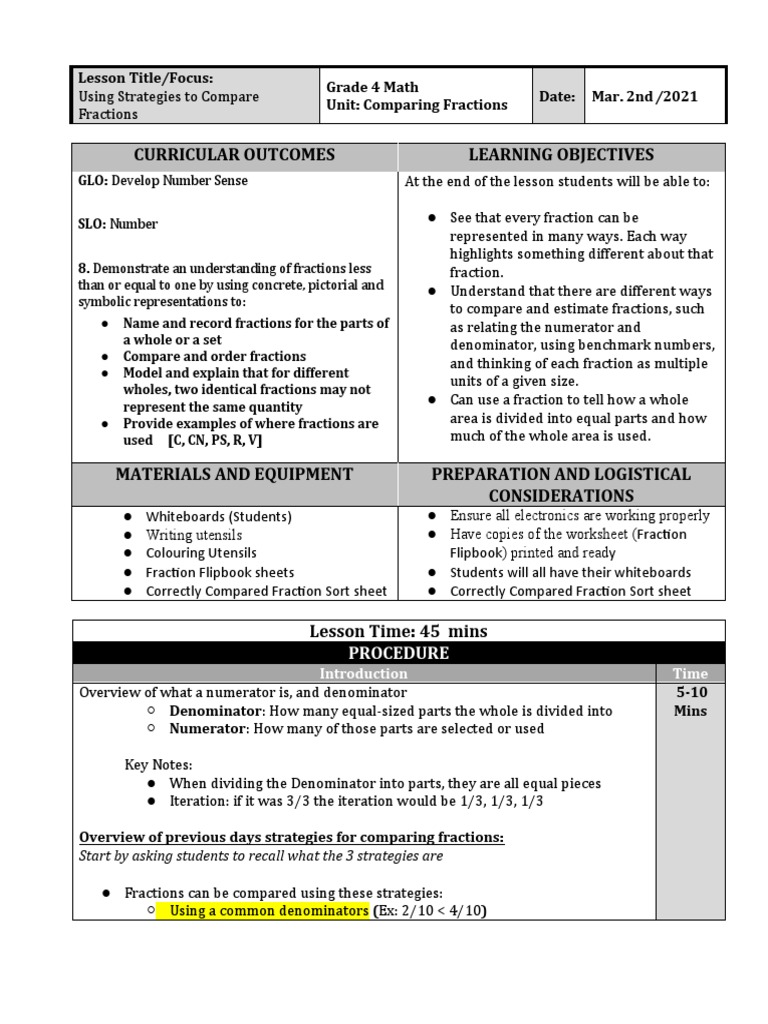 Curricular Outcomes Learning Objectives: Lesson Title/Focus: Grade 4 ...