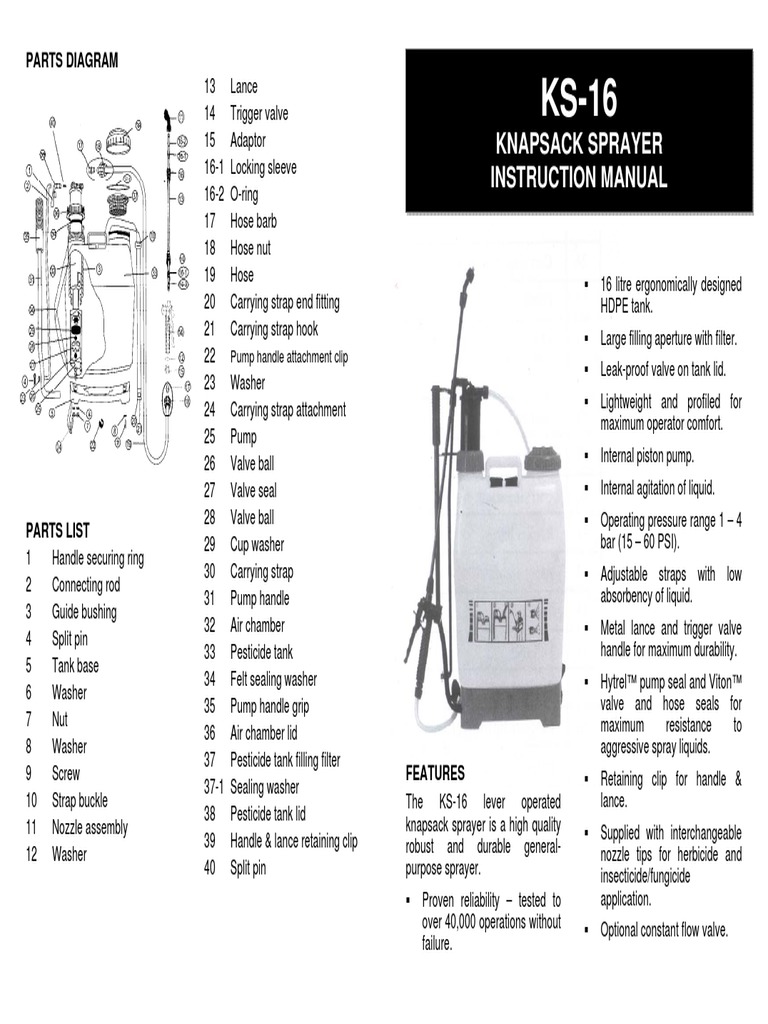 Knapsack Sprayer Instruction Manual: Parts Diagram | PDF | Valve | Pump