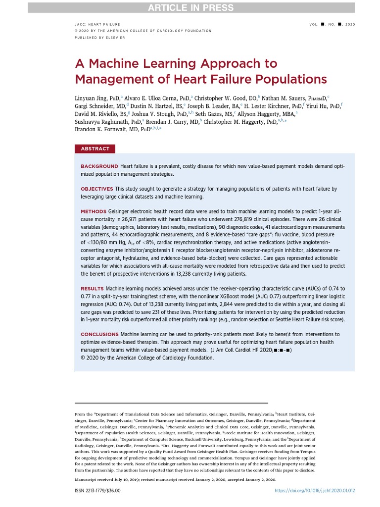 A Machine Learning Approach To Management of Heart Failure Populations ...