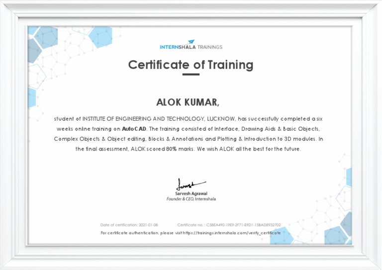 AutoCAD Training Completion Certificate | PDF | Technology & Engineering