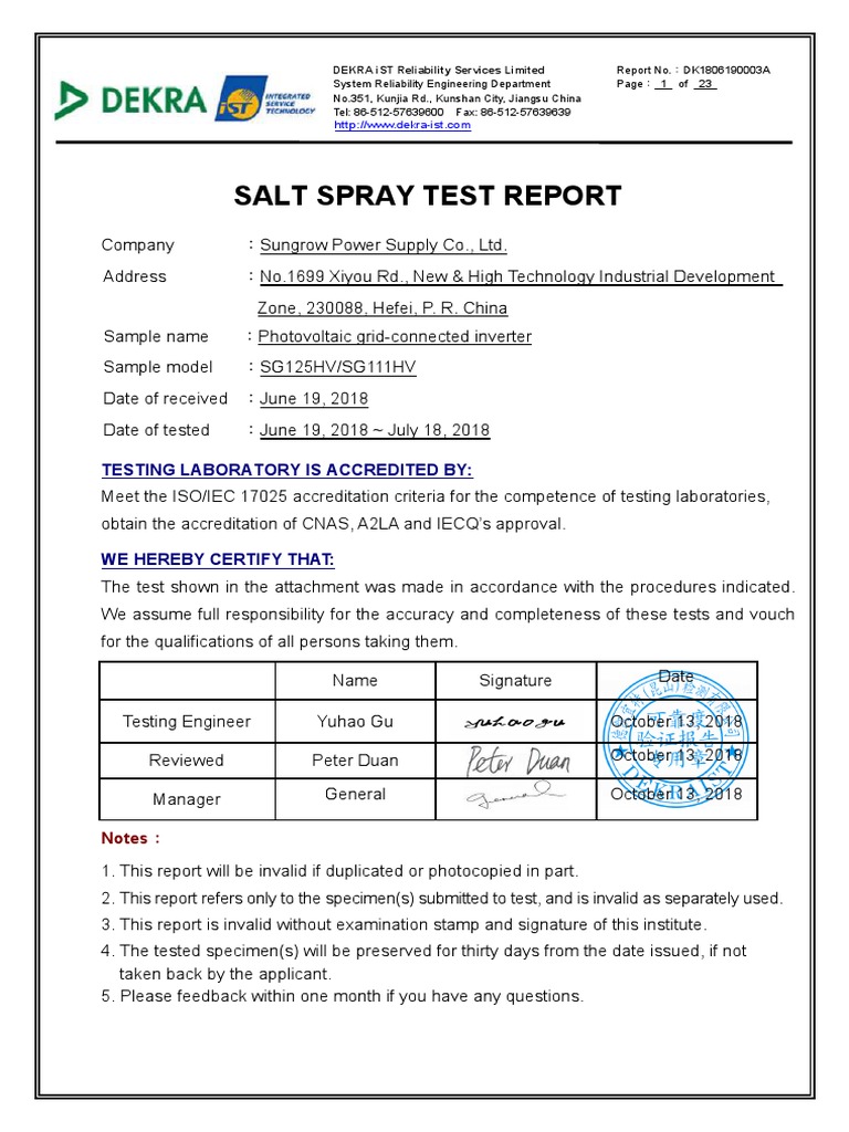 SALT SPRAY TEST REPORT FOR SUNGROW POWER SUPPLY CO., LTD.'S ...