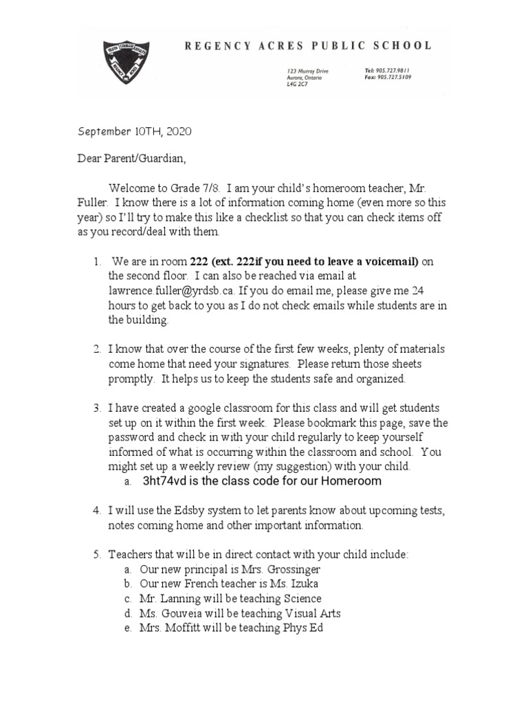 Grade 7/8 Parent Welcome Guide | PDF | Classroom | Schools