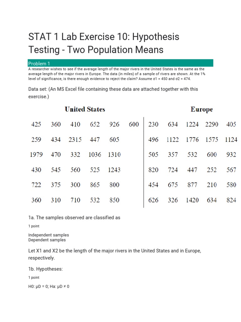 STAT 1 Lab Exercise 10: Hypothesis Testing - Two Population Means | PDF ...