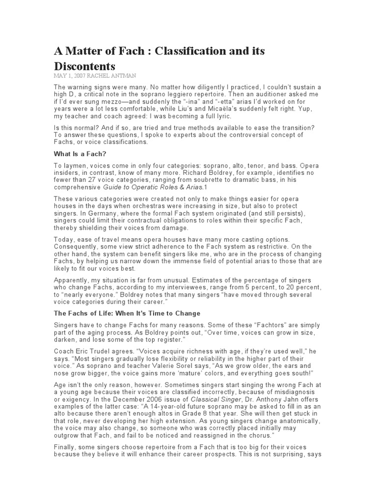 A Matter of Fach: Classification and Its Discontents | PDF | Singing ...
