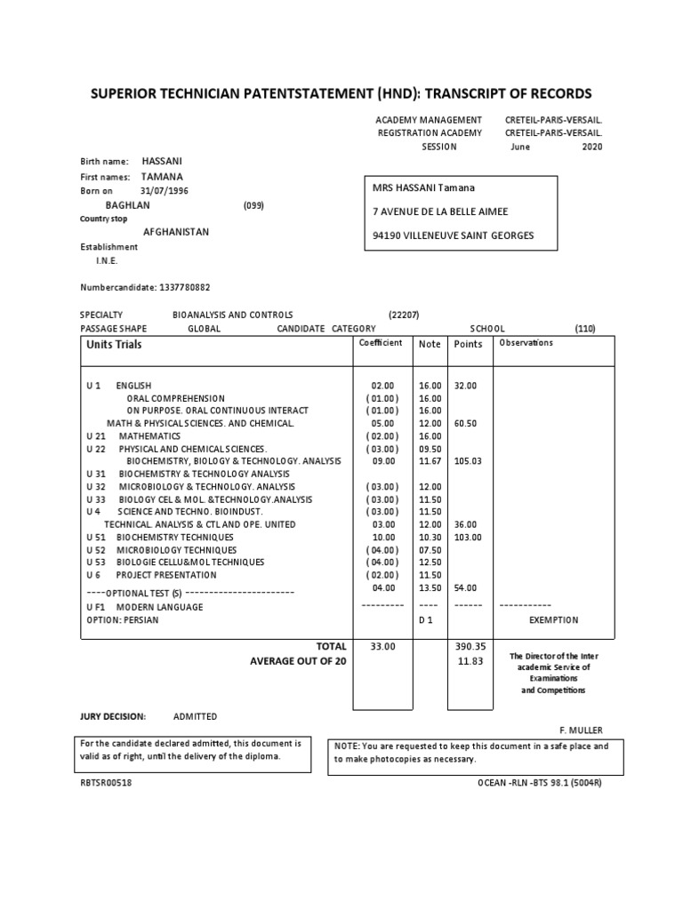 Superior Technician Patentstatement (HND) : Transcript of Records | PDF | Science And Technology ...