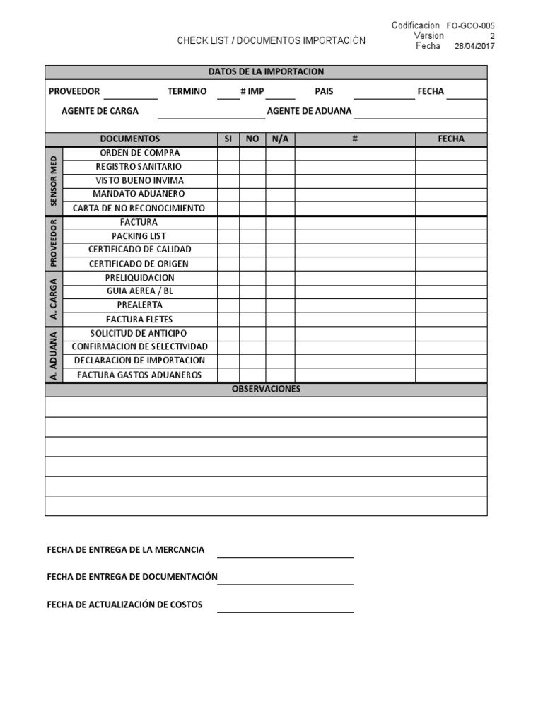 Fo-Gco-005 Checklist Doc Importaciones | PDF