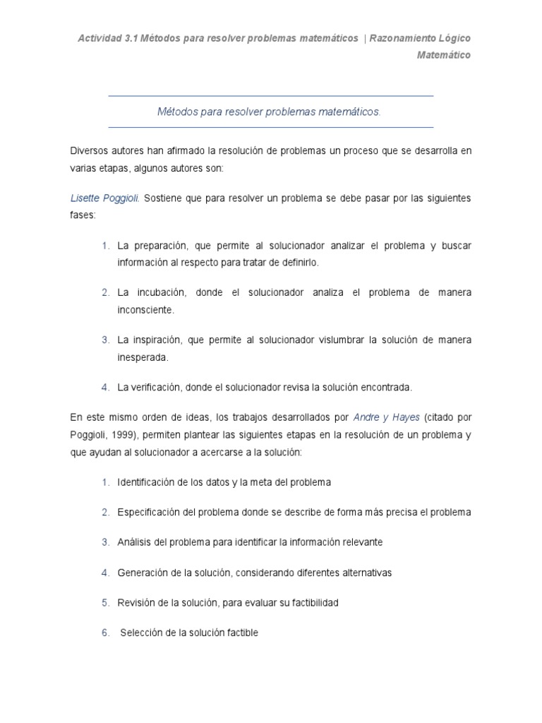 Métodos para Resolver Problemas Matemáticos | PDF | Enseñanza de ...