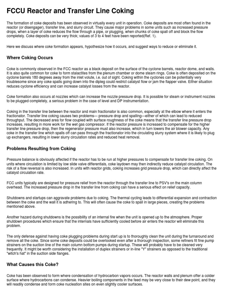 FCCU Reactor and Transfer Line Coking | PDF | Cracking (Chemistry ...