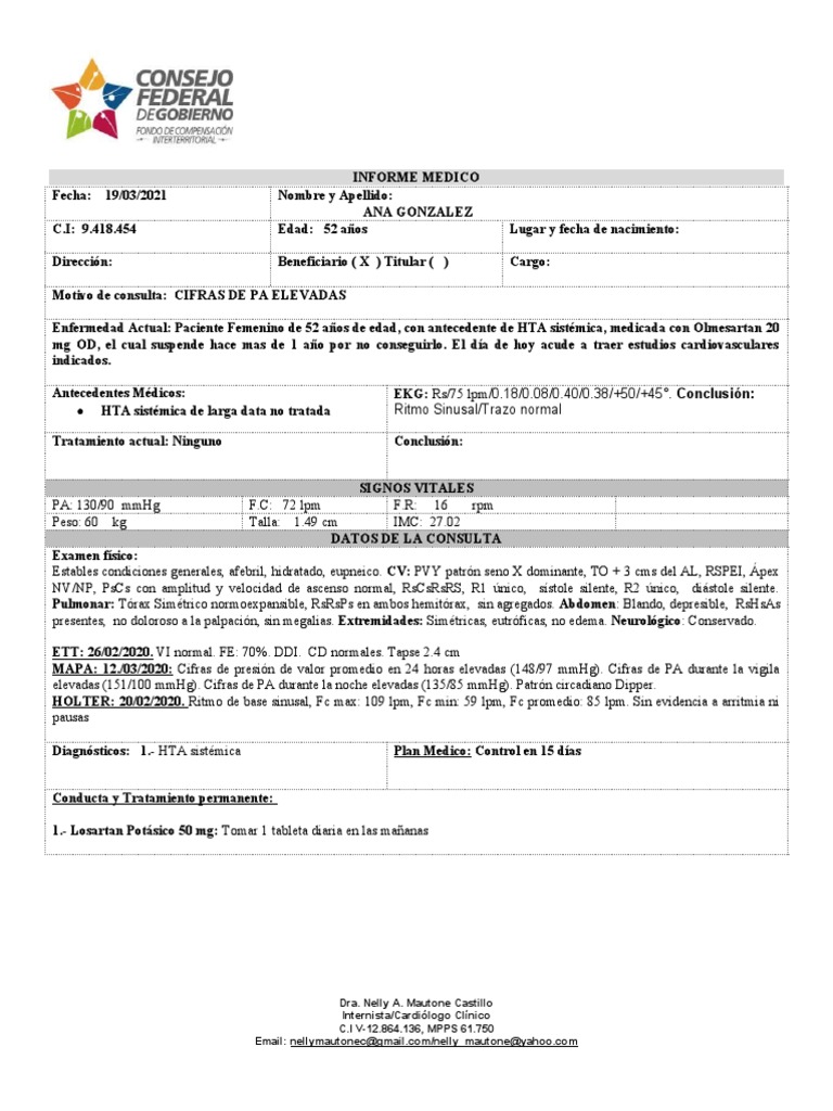 Informe Médico: HTA y Tratamiento Actual | PDF | Fisiología ...