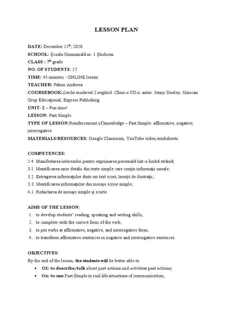 7th Grade Past Simple Lesson Plan | PDF | Lesson Plan | Question