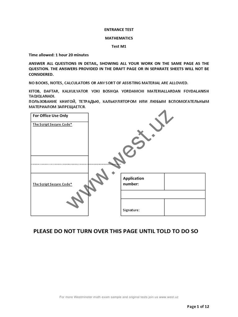 2018 West - Uz Westminster Lyceum MATH EXAM SAMPLE Tashkent | PDF ...