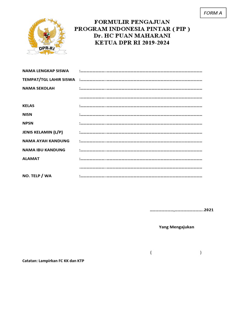 FORMULIR PENGAJUAN PIP 2021 Logo Wana | PDF