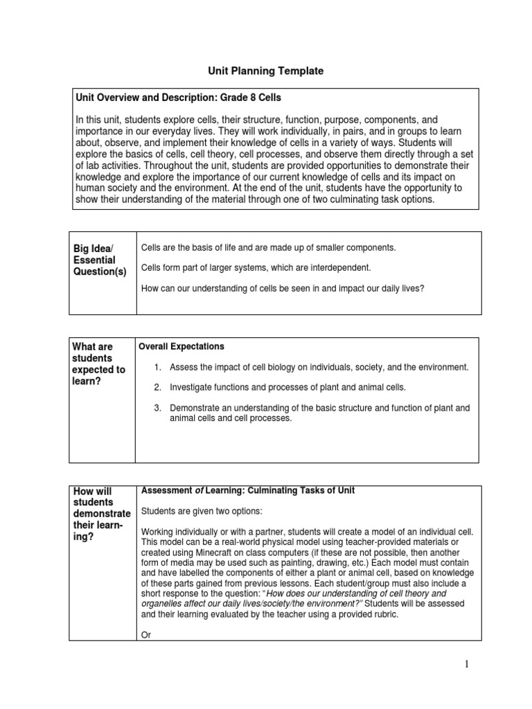 Grade 8 Cells Unit Plan | PDF | Cell (Biology) | Cell Membrane