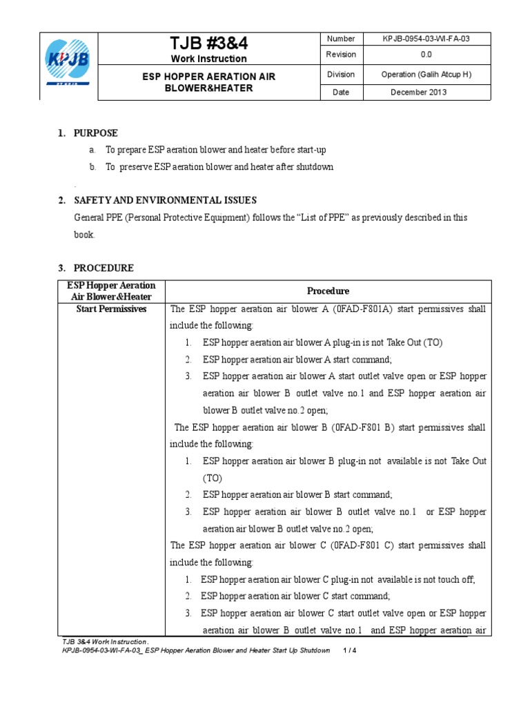 ESP Hopper Blower & Heater Procedures | PDF | Personal Protective ...