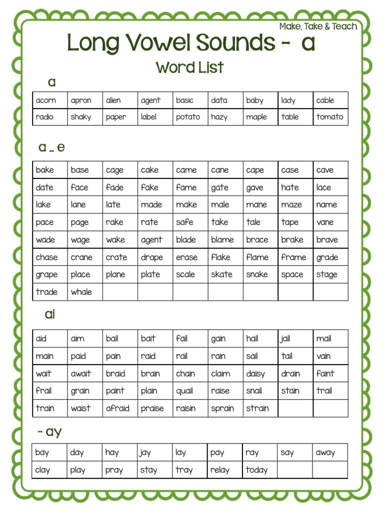 Long A Vowel Sound Word List | PDF