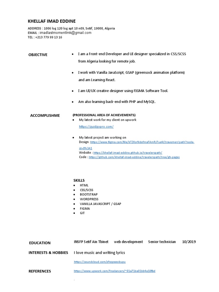 Khellaf Imad Eddine: Objective | PDF