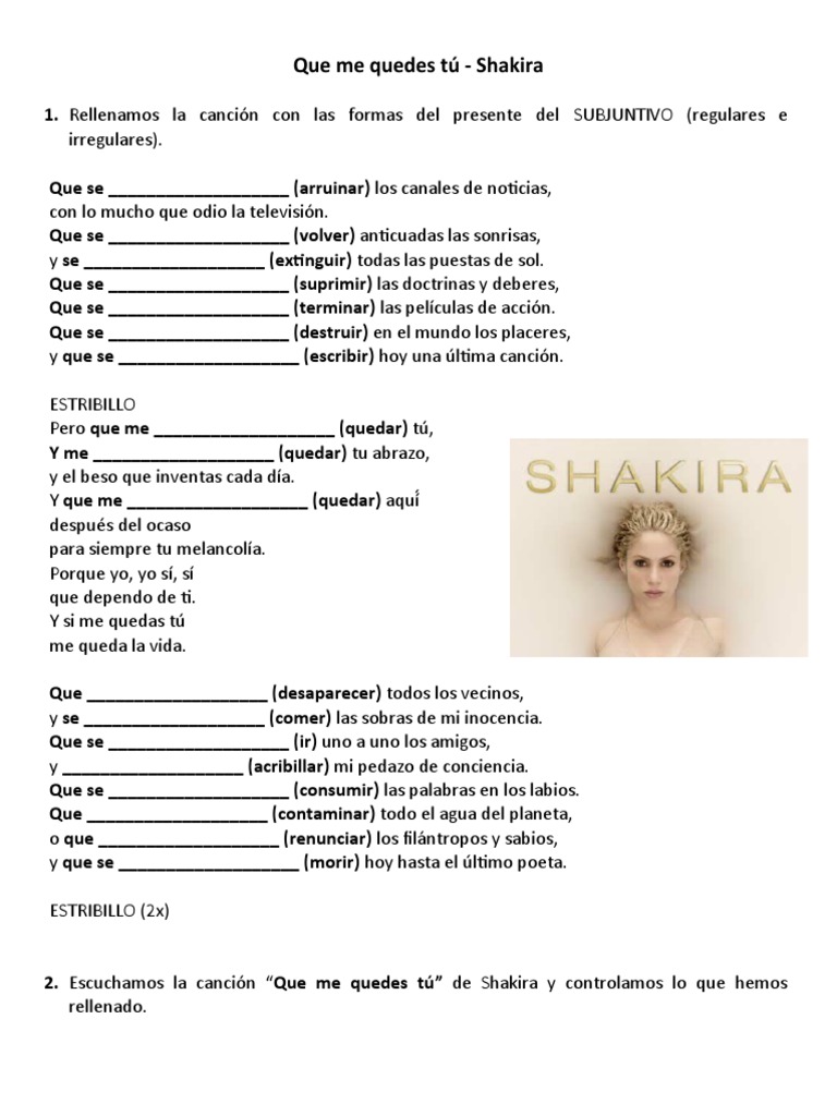 Deseos - Que Me Quedes Tú (Shakira) - Subjuntivo Alumno | PDF