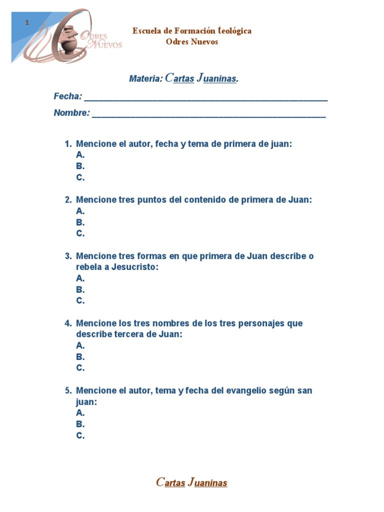 Examen Cartas Juaninas | PDF | Juan el apóstol | Evangelios