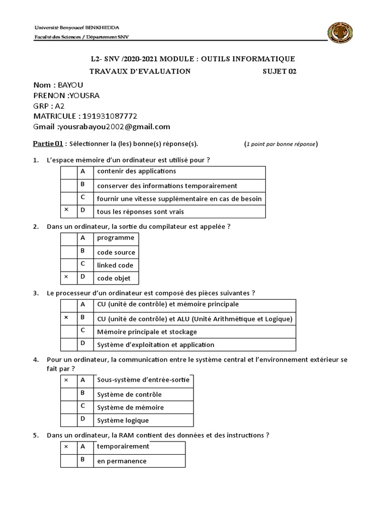 Évaluation Informatique L2-SNV | PDF | Système d'exploitation | Mémoire (informatique)