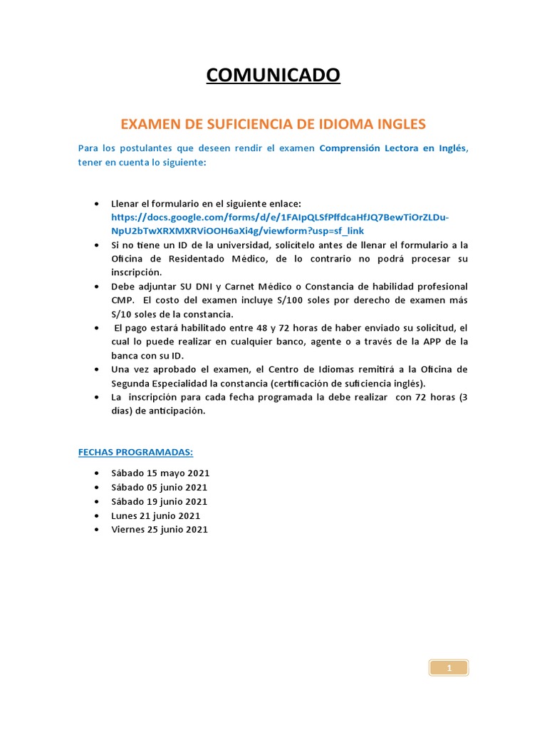 Comunicado-Examen de Ingles | PDF