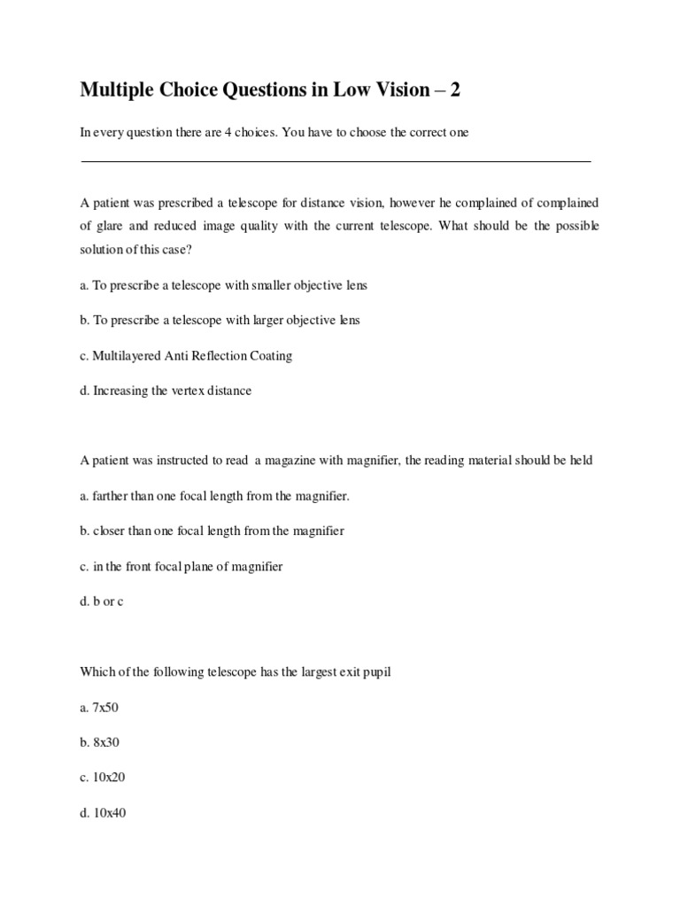 Multiple Choice Questions in Low Vision | PDF | Visual Acuity | Glasses