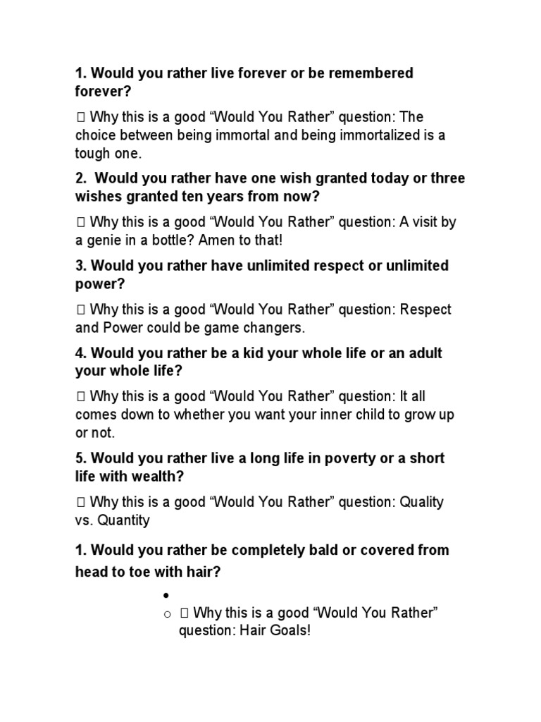 Would You Rather Questions | PDF | Self-Improvement | Wellness