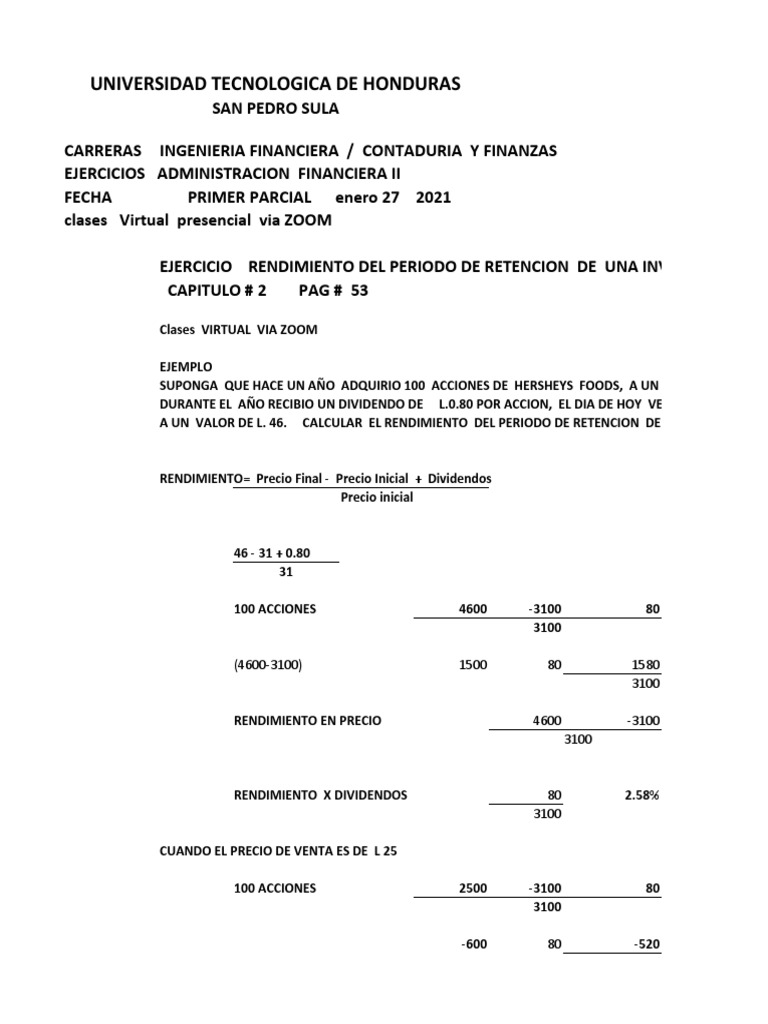 Ejercicio de Rendimiento Del Periodo de Retencion de Una Inversion Cap ...