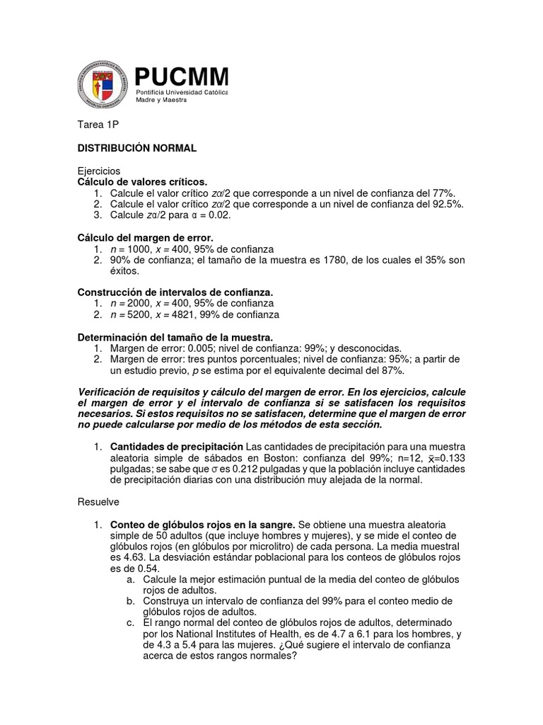 Tarea 1P-1 | PDF | Intervalo de confianza | Desviación Estándar