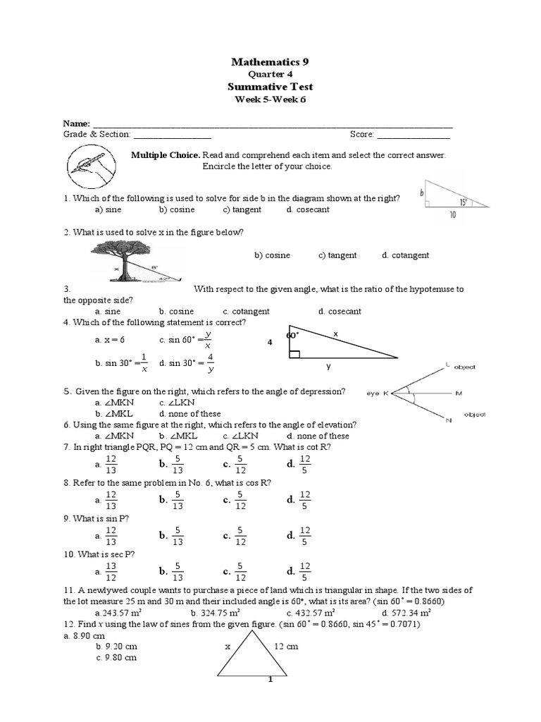 Math 9 - Q4 - Summative Test Wk5&6 | PDF | Trigonometric Functions | Sine