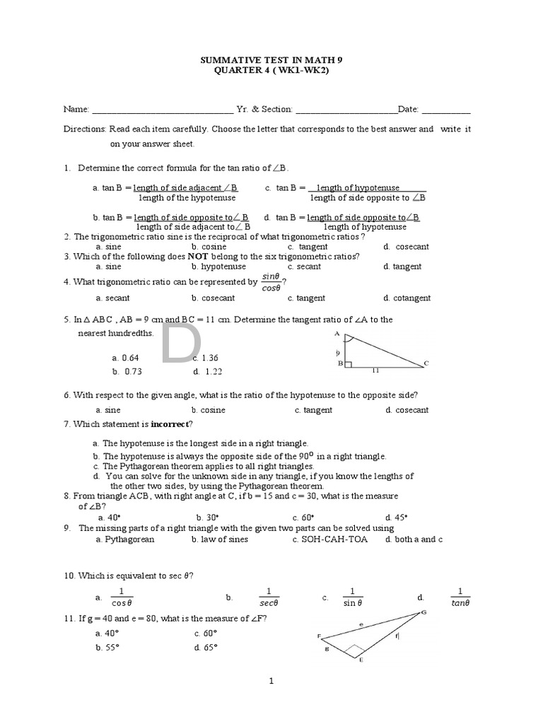 Math 9 - Q4 - Summative Test Wk1&2 | PDF | Trigonometric Functions ...