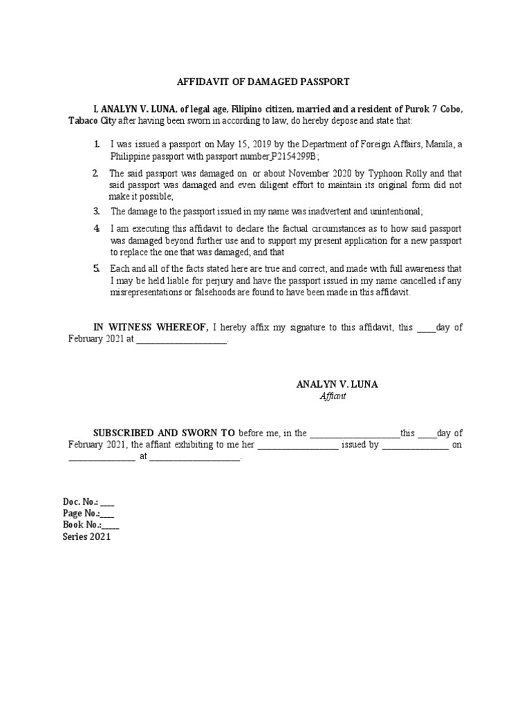 Affidavit of Damaged Passport To Print | PDF
