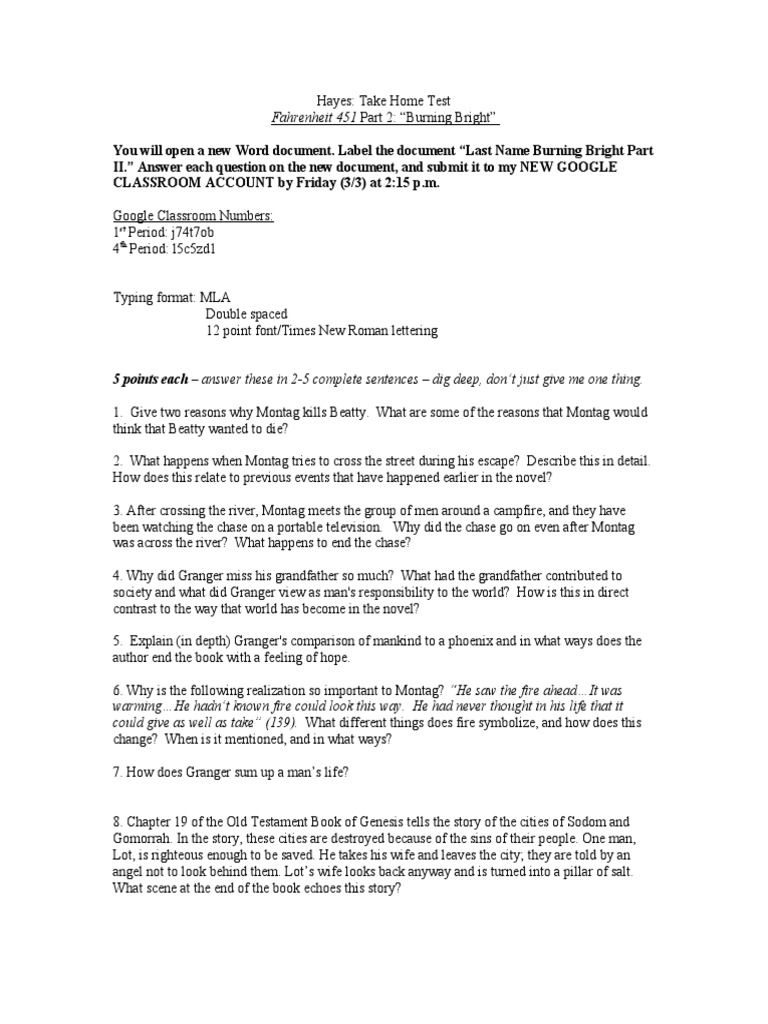 Fahrenheit 451 Take Home Test (1) Burning Bright Part II | PDF | Sodom ...